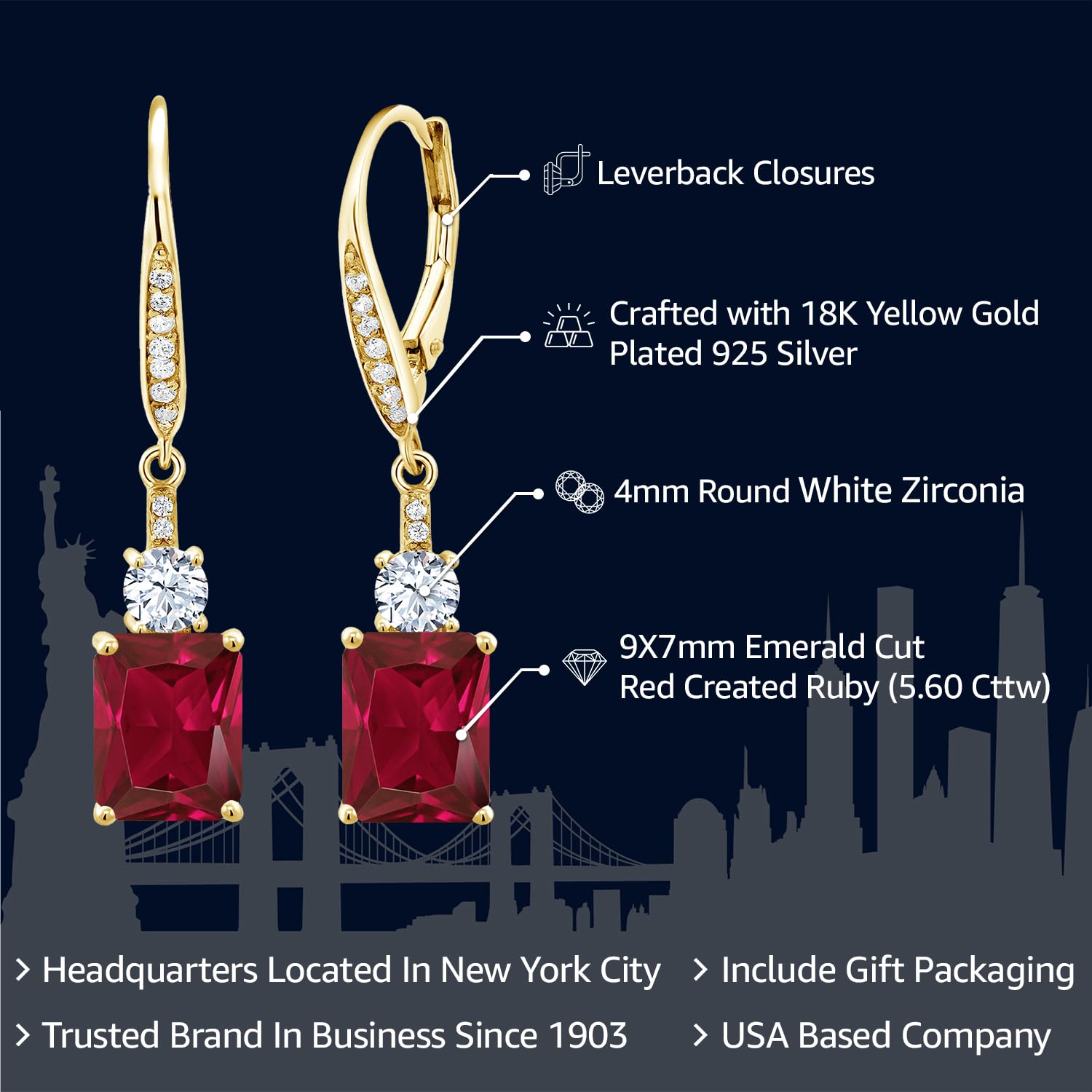 Gem Stone King 18K Yellow Gold Plated Silver Red Created Ruby Dangle Earrings For Women (5.60 Cttw, Gemstone July Birthstone, Emerald Cut 9X7MM)