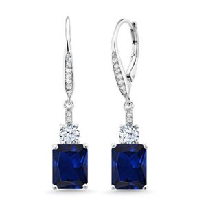 gem stone king 925 sterling silver blue created sapphire dangle earrings for women (5.40 cttw, gemstone september birthstone, octagon 9x7mm)