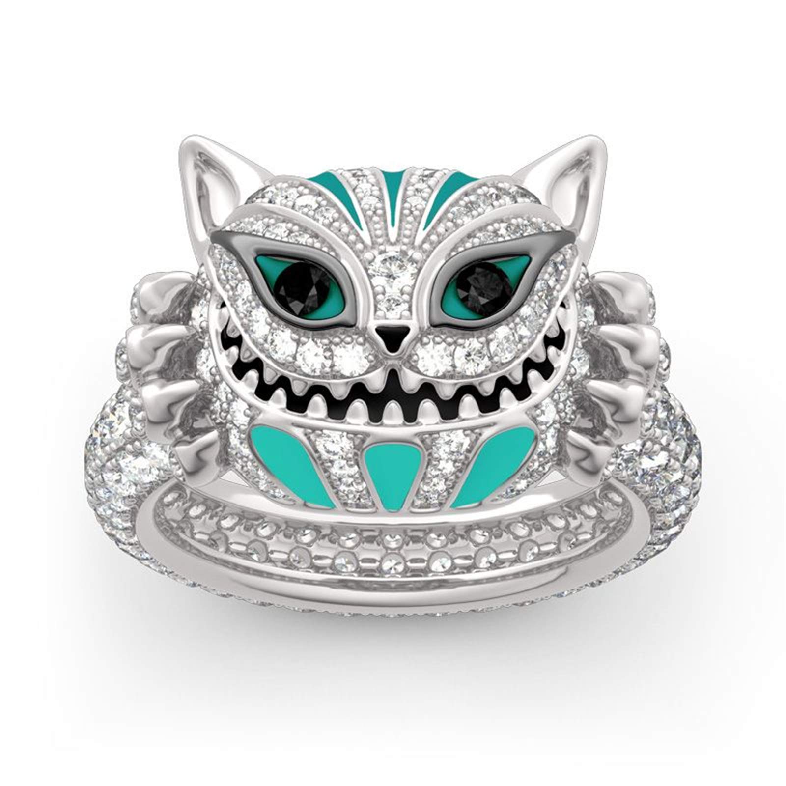 Jeulia 4.08 Carat Cheshire Cat Rings for Women Sterling Silver Enamel Rings Handmade White Diamond Animal Rings Bridal Set Wedding Engagement Anniversary Promise