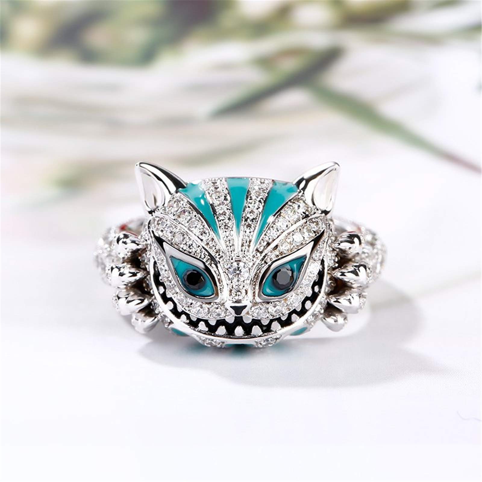 Jeulia 4.08 Carat Cheshire Cat Rings for Women Sterling Silver Enamel Rings Handmade White Diamond Animal Rings Bridal Set Wedding Engagement Anniversary Promise