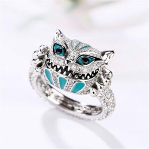 Jeulia 4.08 Carat Cheshire Cat Rings for Women Sterling Silver Enamel Rings Handmade White Diamond Animal Rings Bridal Set Wedding Engagement Anniversary Promise