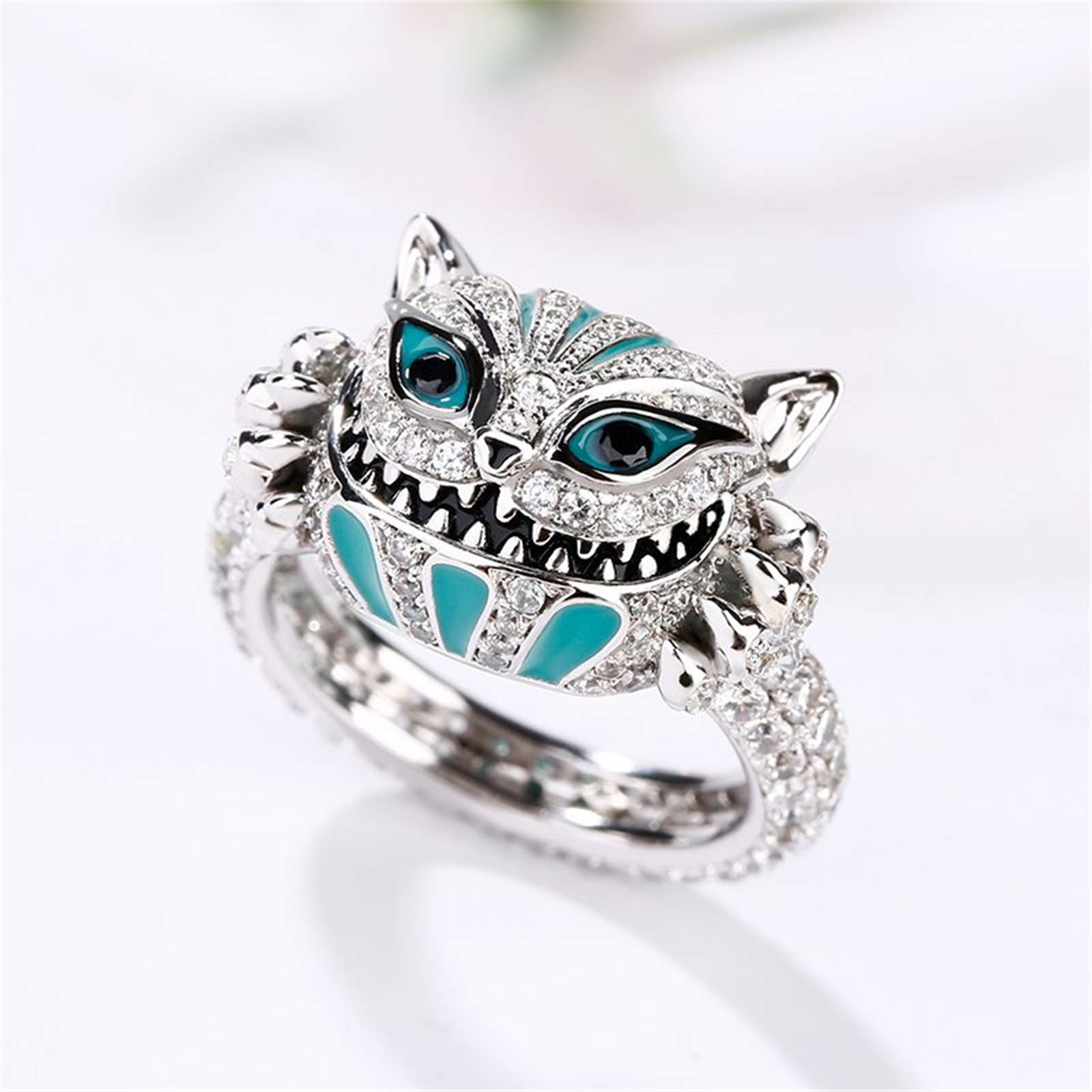 Jeulia 4.08 Carat Cheshire Cat Rings for Women Sterling Silver Enamel Rings Handmade White Diamond Animal Rings Bridal Set Wedding Engagement Anniversary Promise