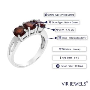 Vir Jewels 1.70 cttw 3 Stone Garnet Ring in .925 Sterling Silver with Rhodium Plating Round Size 7