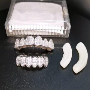 HH BLING EMPIRE Iced Out Diamond Teeth Grillz for Men Women, Hip Hop Silver Gold Grills for Your Teeth Top and Bottom, Rapper Costume Mouth Grillz with Silicone Molding Bars (Silver)