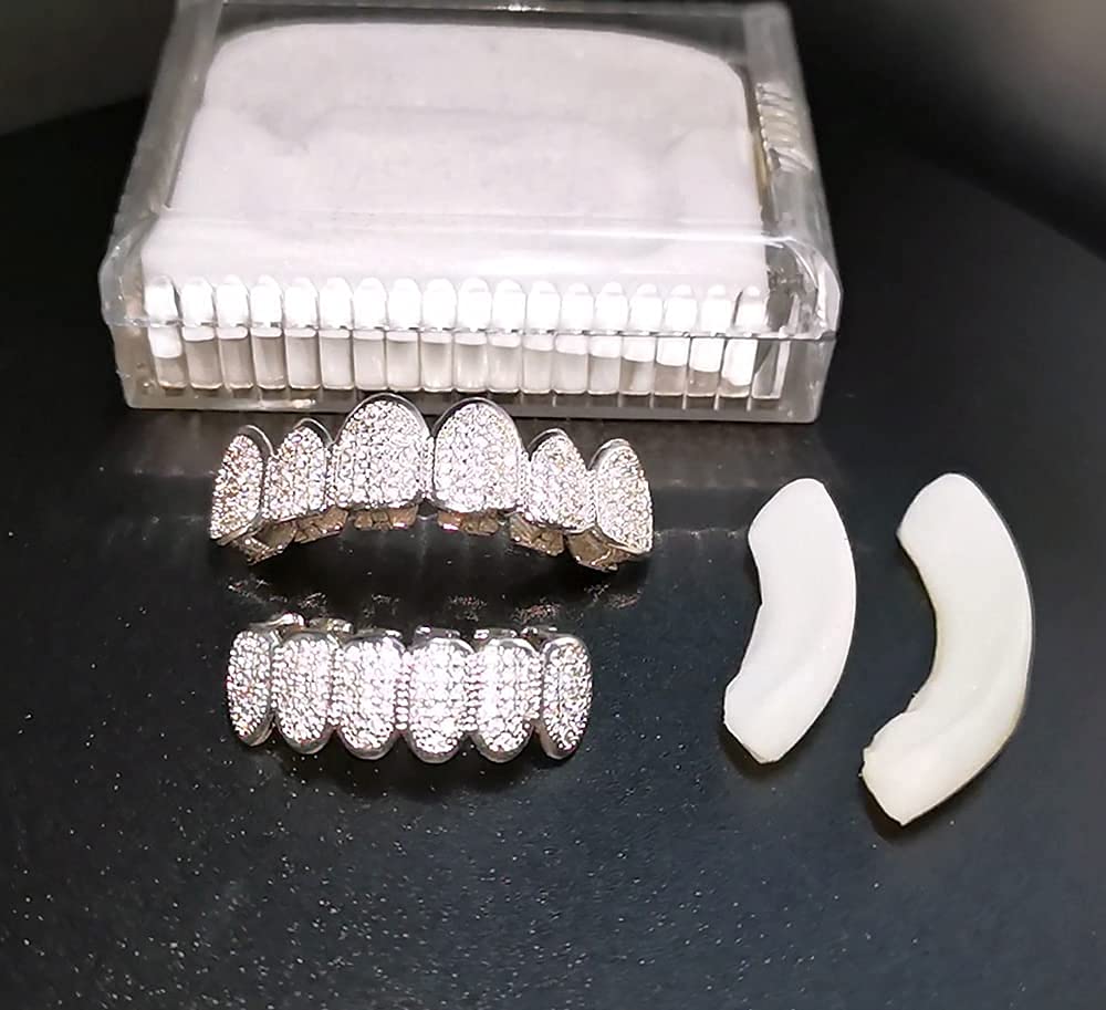 HH BLING EMPIRE Iced Out Diamond Teeth Grillz for Men Women, Hip Hop Silver Gold Grills for Your Teeth Top and Bottom, Rapper Costume Mouth Grillz with Silicone Molding Bars (Silver)