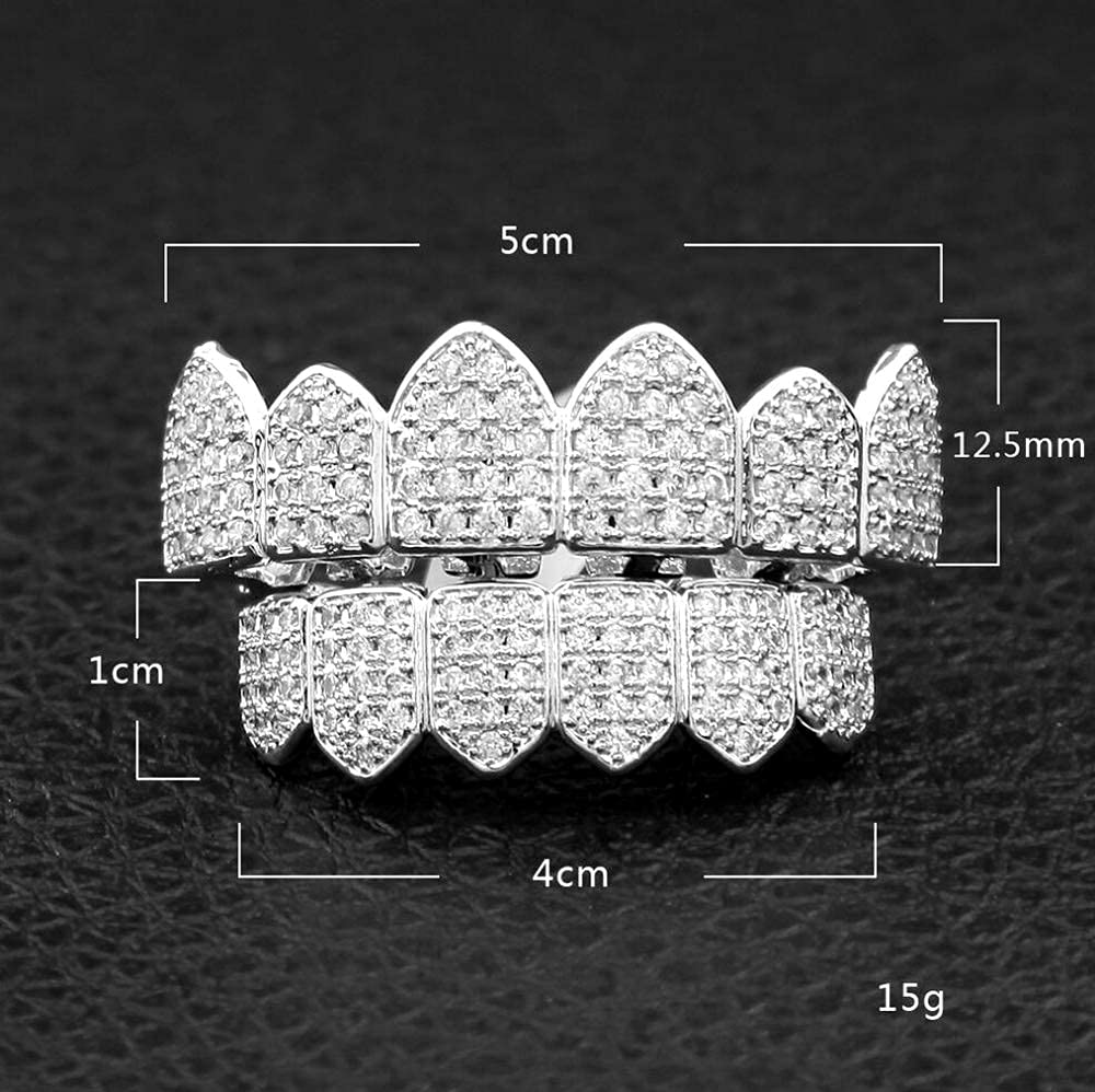 HH BLING EMPIRE Iced Out Diamond Teeth Grillz for Men Women, Hip Hop Silver Gold Grills for Your Teeth Top and Bottom, Rapper Costume Mouth Grillz with Silicone Molding Bars (Silver)