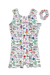 destira gymnastic unitards for girls with matching scrunchie, unicorn doodles - biketard athletic wear, gymnastics, dance, cheer, & more, child small (6x)