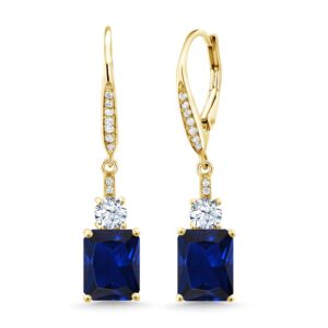 gem stone king 18k yellow gold plated silver blue created sapphire dangle earrings for women (5.40 cttw, gemstone september birthstone, octagon 9x7mm)