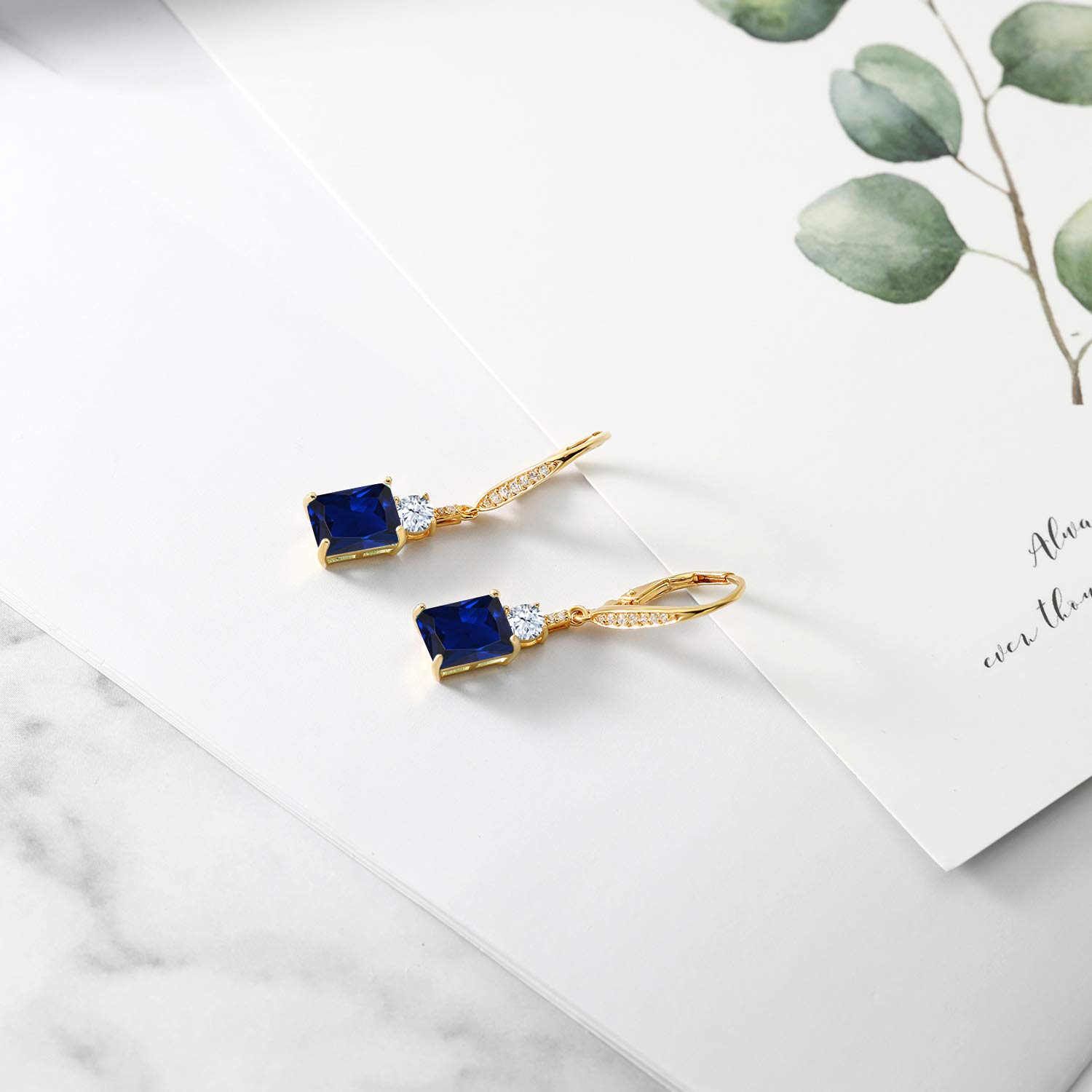 Gem Stone King 18K Yellow Gold Plated Silver Blue Created Sapphire Dangle Earrings For Women (5.40 Cttw, Gemstone September Birthstone, Octagon 9X7MM)