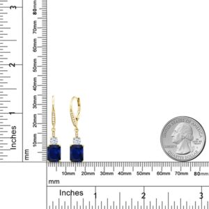 Gem Stone King 18K Yellow Gold Plated Silver Blue Created Sapphire Dangle Earrings For Women (5.40 Cttw, Gemstone September Birthstone, Octagon 9X7MM)