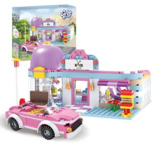 brick story girls friends hair salon building kit with 2 mini people 5 dolls hair creative girls friends sets 358 pieces with a pink convertible car stem building toys gifts for kids age 6-12 and up