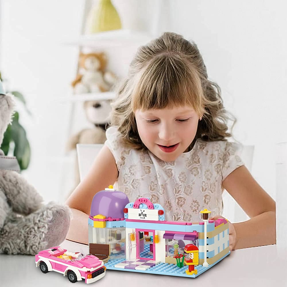 BRICK STORY Girls Friends Hair Salon Building Kit with 2 Mini People 5 Dolls Hair Creative Girls Friends Sets 358 Pieces with a Pink Convertible Car STEM Building Toys Gifts for Kids Age 6-12 and Up