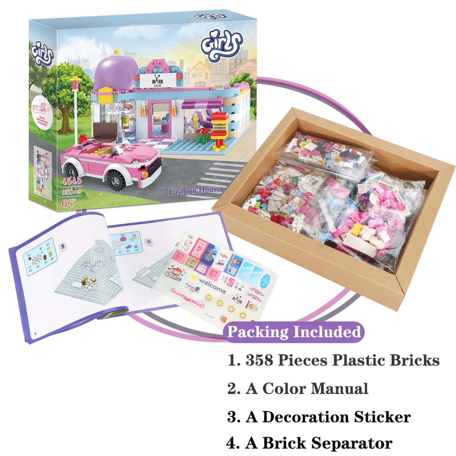 BRICK STORY Girls Friends Hair Salon Building Kit with 2 Mini People 5 Dolls Hair Creative Girls Friends Sets 358 Pieces with a Pink Convertible Car STEM Building Toys Gifts for Kids Age 6-12 and Up