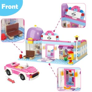 BRICK STORY Girls Friends Hair Salon Building Kit with 2 Mini People 5 Dolls Hair Creative Girls Friends Sets 358 Pieces with a Pink Convertible Car STEM Building Toys Gifts for Kids Age 6-12 and Up