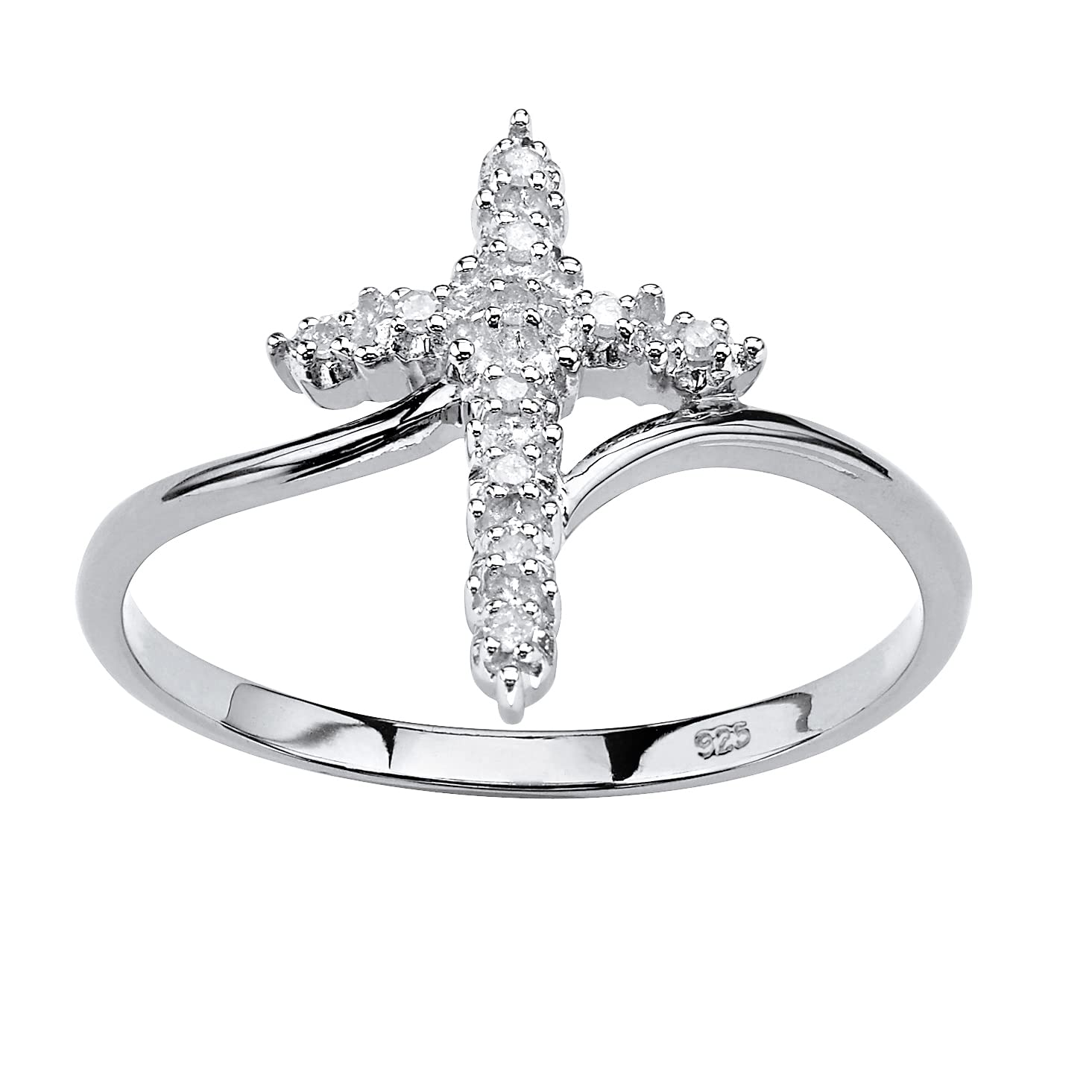 PalmBeach Yellow Gold-Plated or Platinum-Plated Sterling Silver Genuine Diamond Accent Cross Ring Size 7