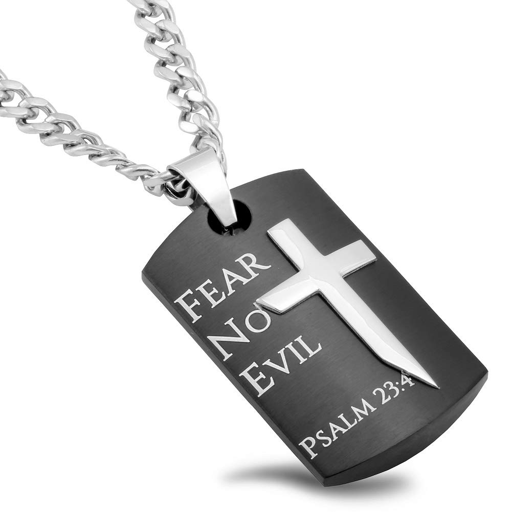 Spirit & Truth Fear No Evil Guardian Shield Cross Stainless Steel Necklace with High Polished Angle Cross Embedded into the Padlock Pendant on Curb Chain Psalm 23:4 (20)