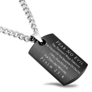 Spirit & Truth Fear No Evil Guardian Shield Cross Stainless Steel Necklace with High Polished Angle Cross Embedded into the Padlock Pendant on Curb Chain Psalm 23:4 (20)