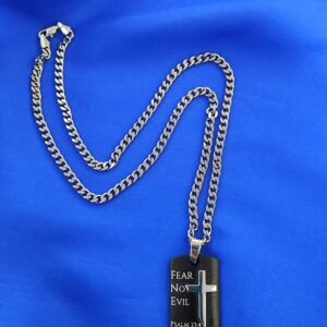 Spirit & Truth Fear No Evil Guardian Shield Cross Stainless Steel Necklace with High Polished Angle Cross Embedded into the Padlock Pendant on Curb Chain Psalm 23:4 (20)