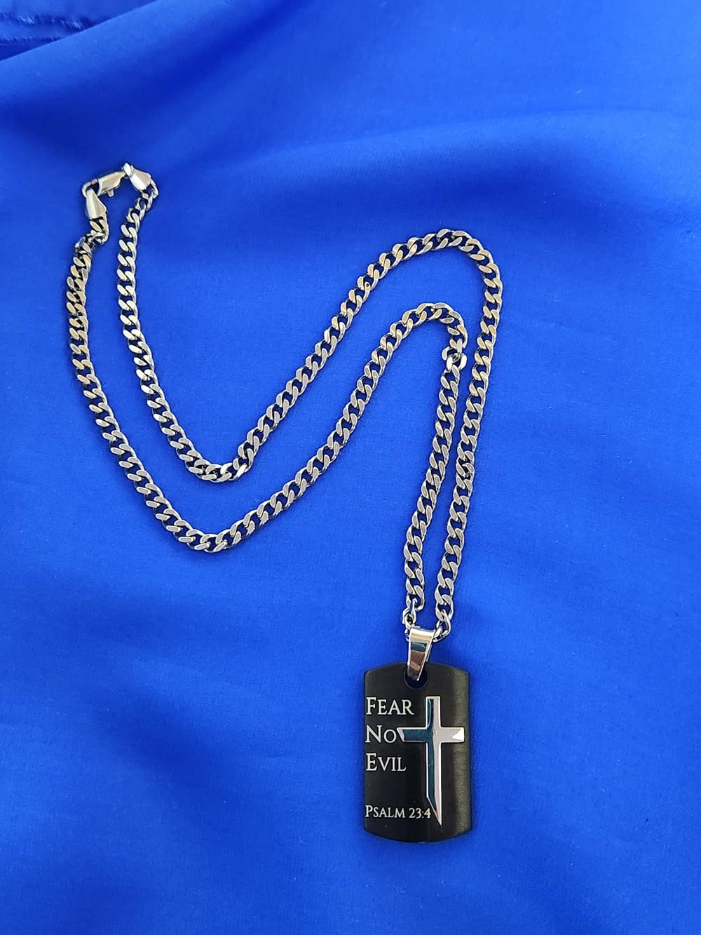 Spirit & Truth Fear No Evil Guardian Shield Cross Stainless Steel Necklace with High Polished Angle Cross Embedded into the Padlock Pendant on Curb Chain Psalm 23:4 (20)