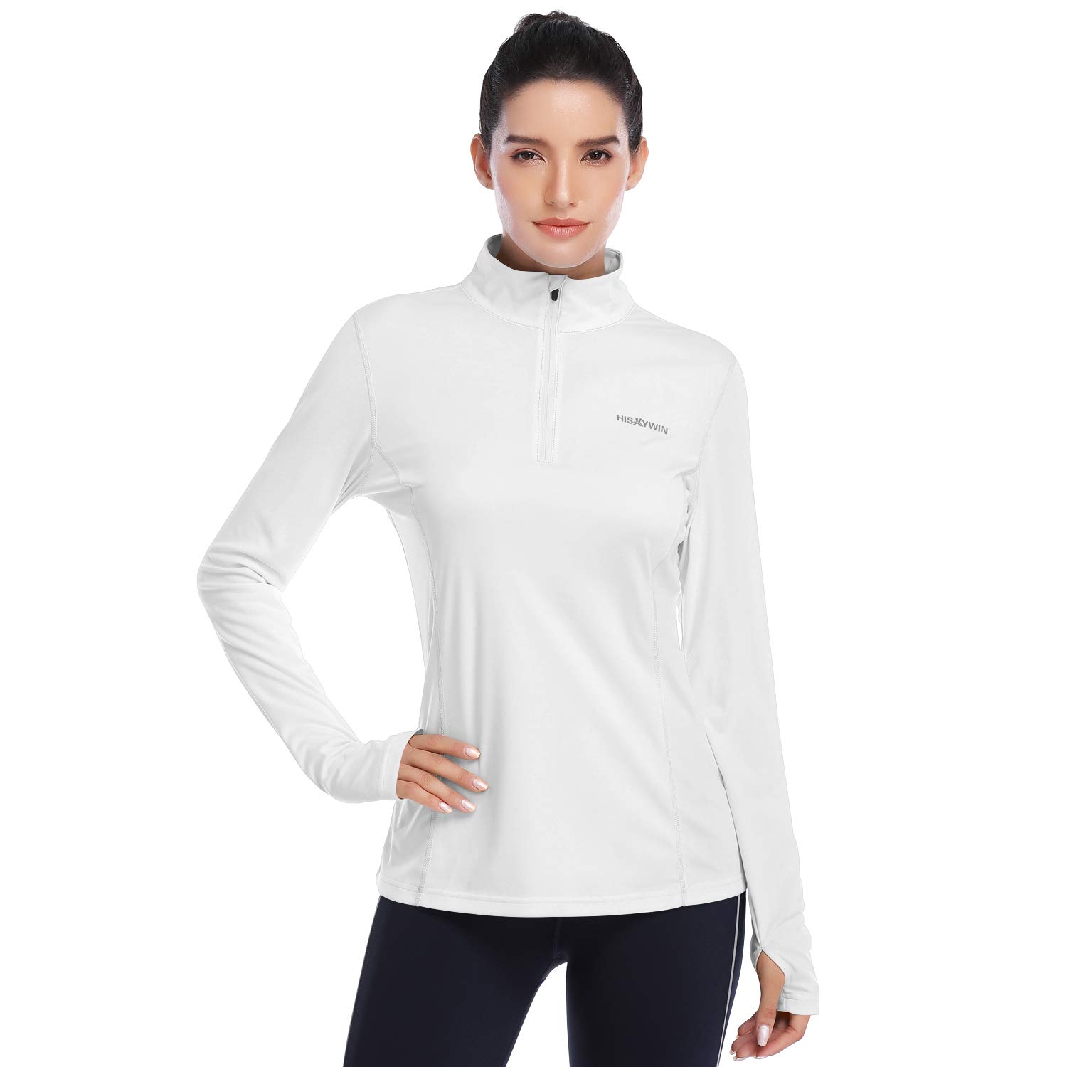 HISKYWIN Womens UPF 50+ Sun Protection Tops Long Sleeve Half-Zip Thumb Hole Outdoor Performance Workout Shirt HF806 White XL