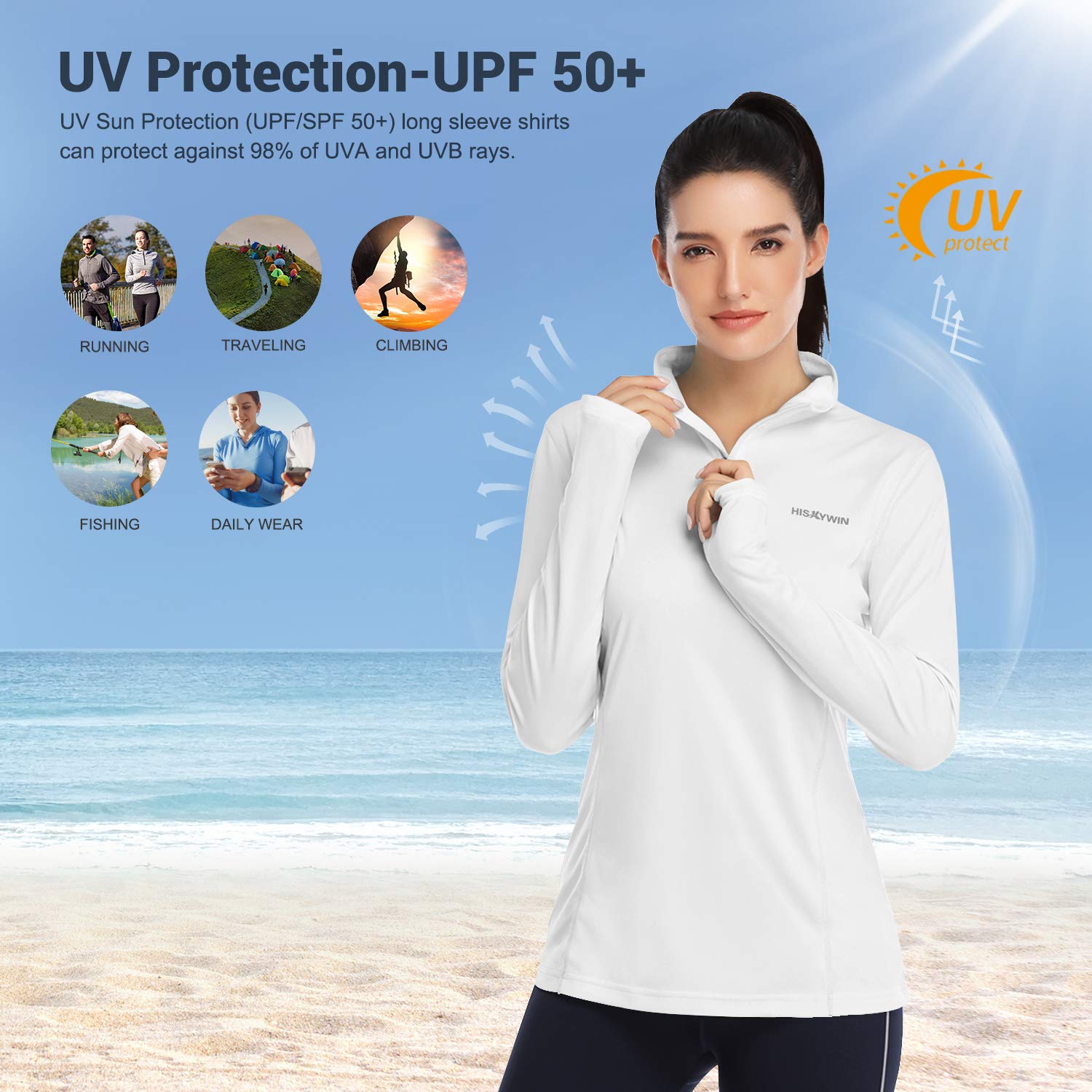 HISKYWIN Womens UPF 50+ Sun Protection Tops Long Sleeve Half-Zip Thumb Hole Outdoor Performance Workout Shirt HF806 White XL