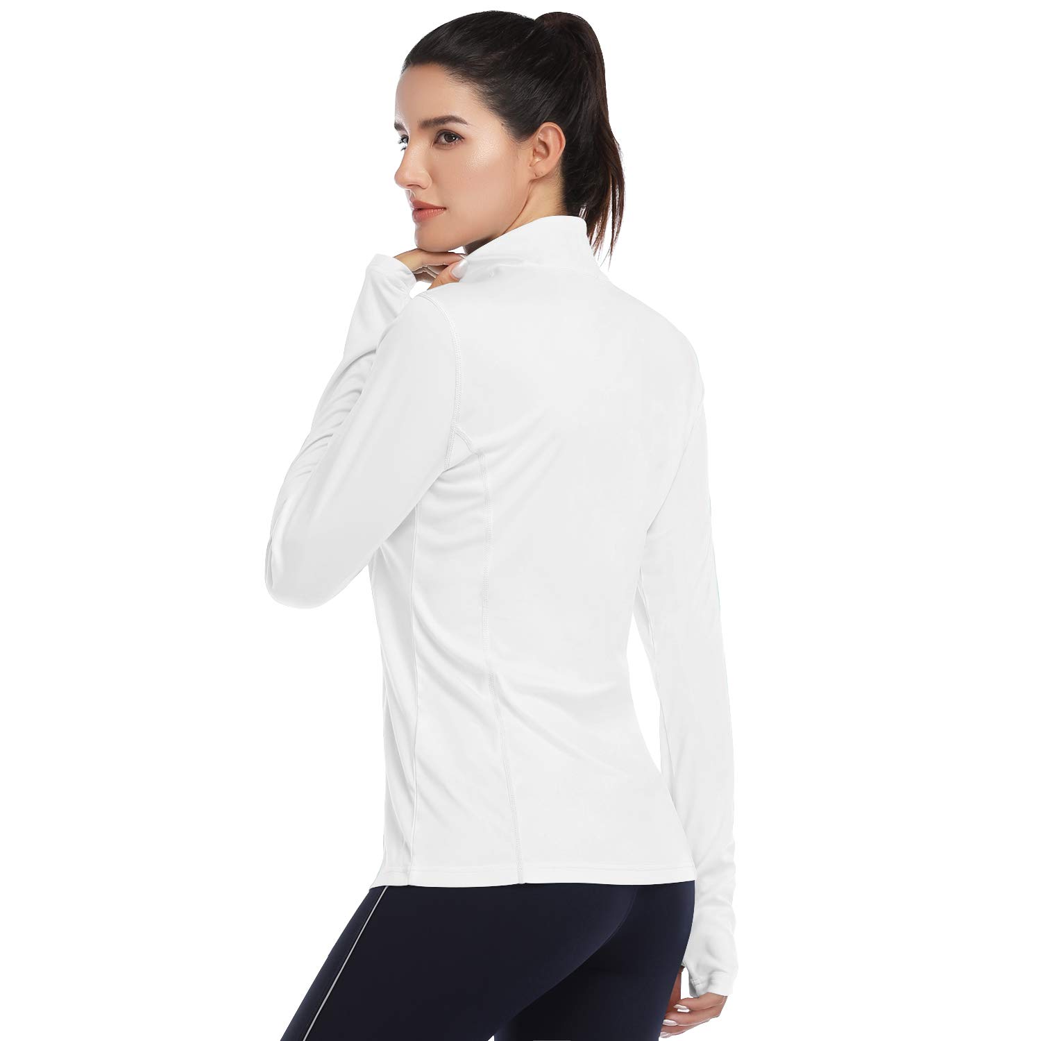 HISKYWIN Womens UPF 50+ Sun Protection Tops Long Sleeve Half-Zip Thumb Hole Outdoor Performance Workout Shirt HF806 White XL