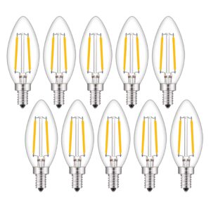 omaykey 2w led candelabra bulb 25w equivalent 3000k soft white 250lm, e12 base led chandelier light bulbs, vintage edison clear glass b11 candle torpedo shape, non-dimmable, pack of 10