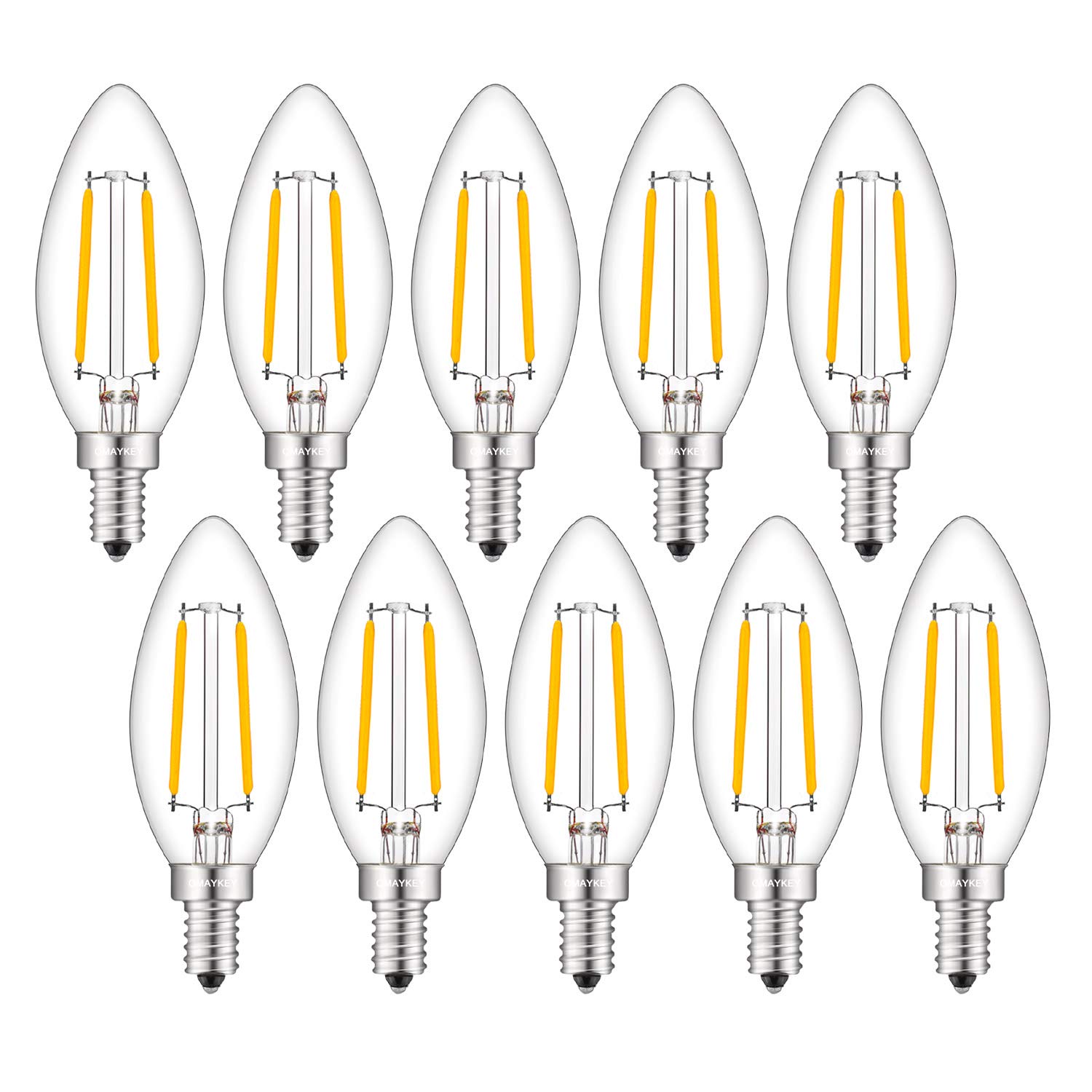 OMAYKEY 2W LED Candelabra Bulb 25W Equivalent 3000K Soft White 250LM, E12 Base LED Chandelier Light Bulbs, Vintage Edison Clear Glass B11 Candle Torpedo Shape, Non-dimmable, Pack of 10