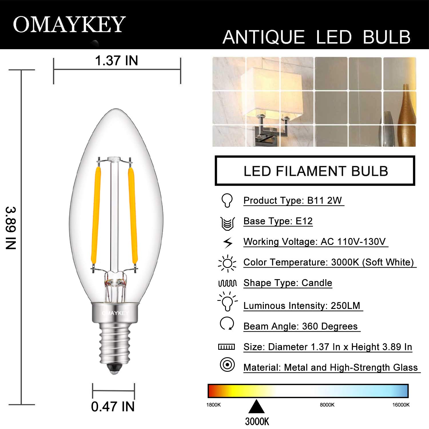 OMAYKEY 2W LED Candelabra Bulb 25W Equivalent 3000K Soft White 250LM, E12 Base LED Chandelier Light Bulbs, Vintage Edison Clear Glass B11 Candle Torpedo Shape, Non-dimmable, Pack of 10