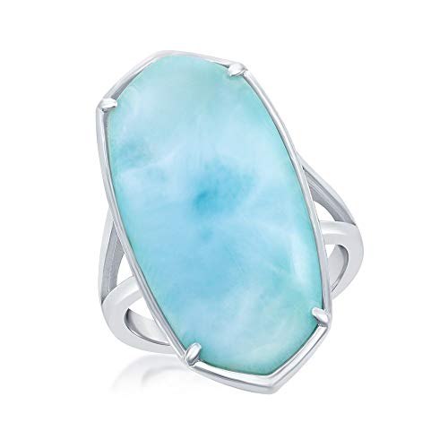 925 Sterling Silver Hawaii Natural Larimar Gemstone High Polished Long Hexagon Ring-8