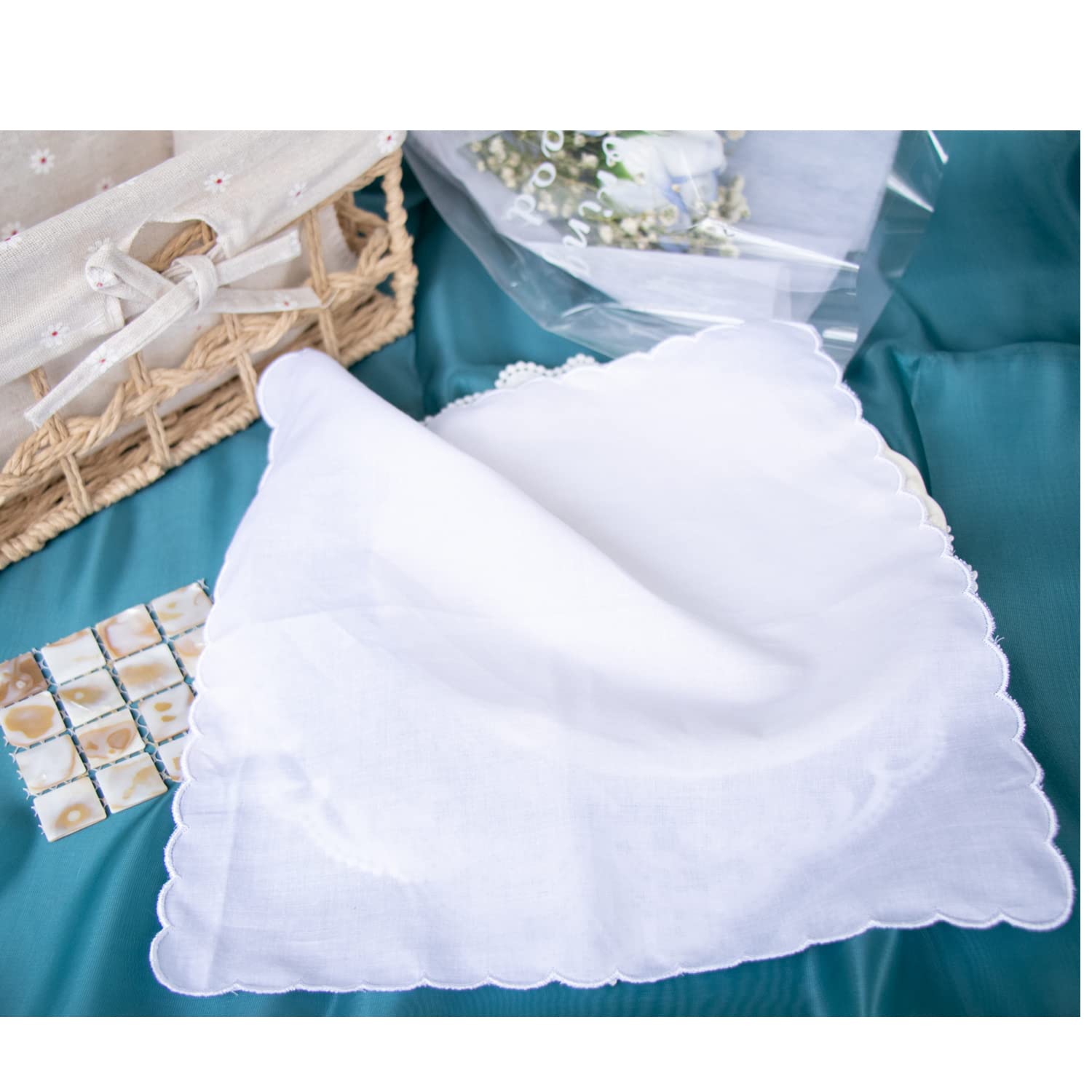 MemoryHanky Bulk Pack Handkerchiefs Cotton Scalloped Hankies Pocket Square Towel White 11 Inches