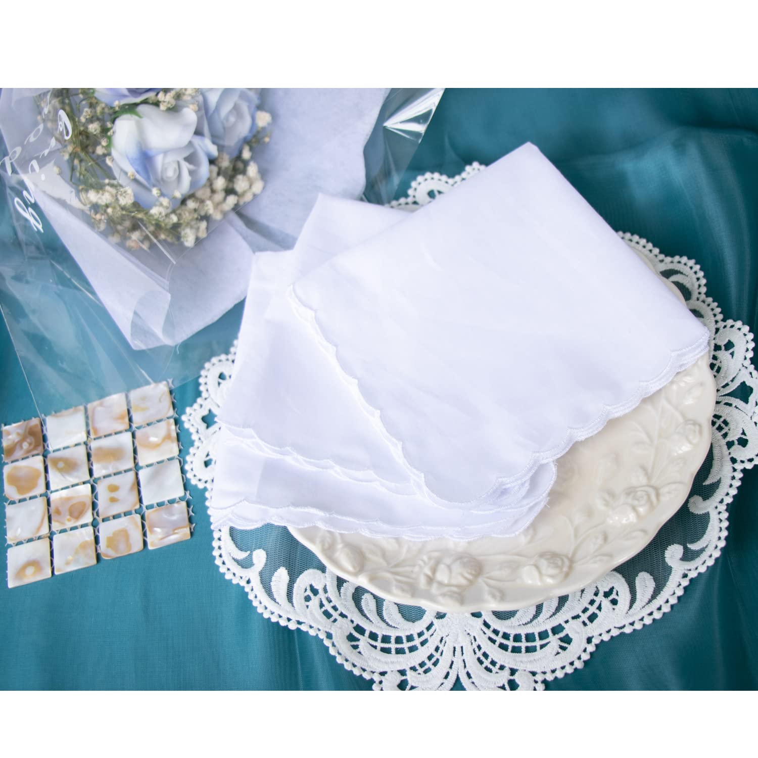 MemoryHanky Bulk Pack Handkerchiefs Cotton Scalloped Hankies Pocket Square Towel White 11 Inches