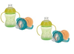 nuby two-handle no-spill super spout grip n' sip cup, 4 count (orange/green)