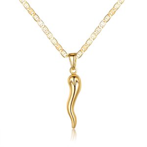 barzel 18k gold plated flat marina chain with italian horn necklace cornicello - made in brazil (20 inches)