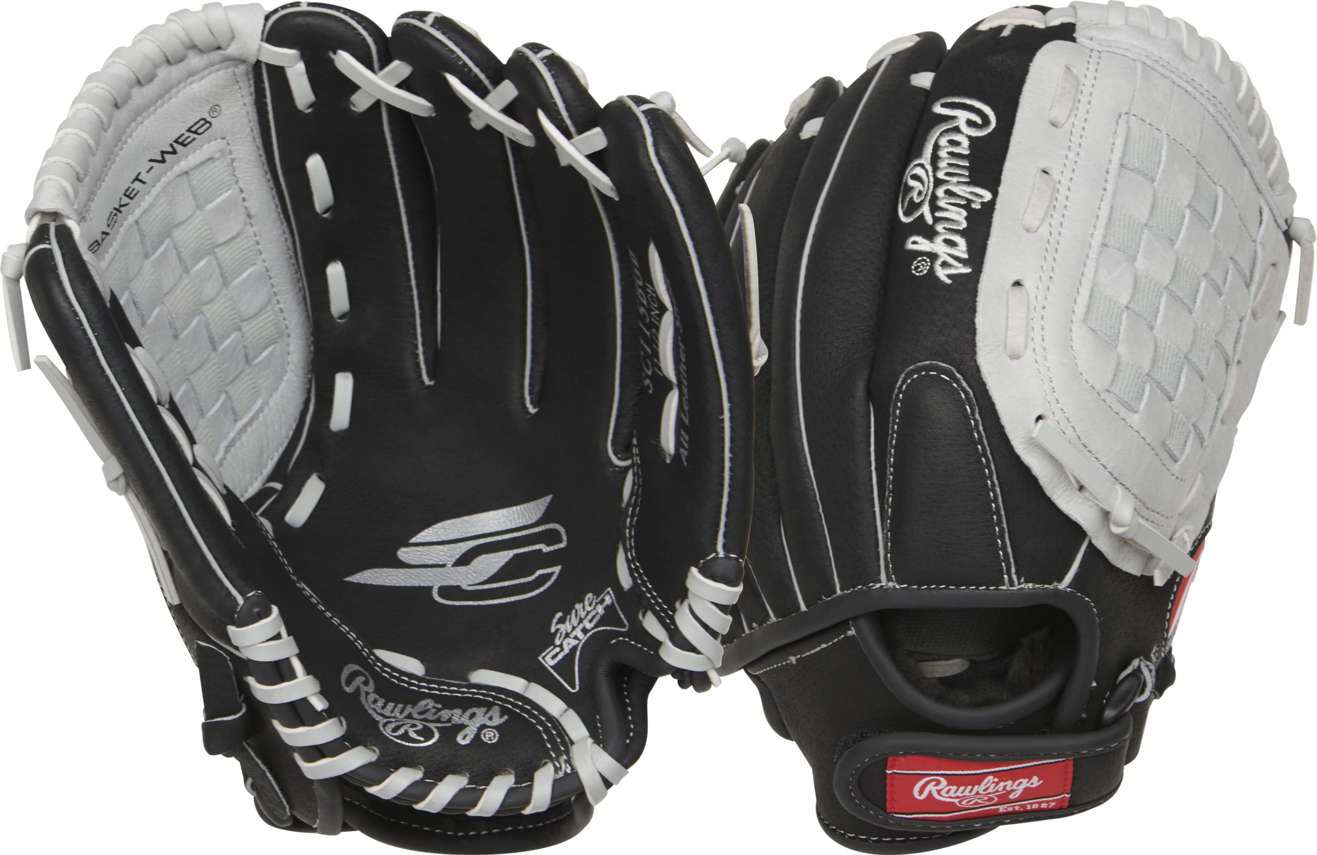 Rawlings | SURE CATCH T-Ball & Youth Baseball Glove | Right Hand Throw | 11.5" | Black/Grey