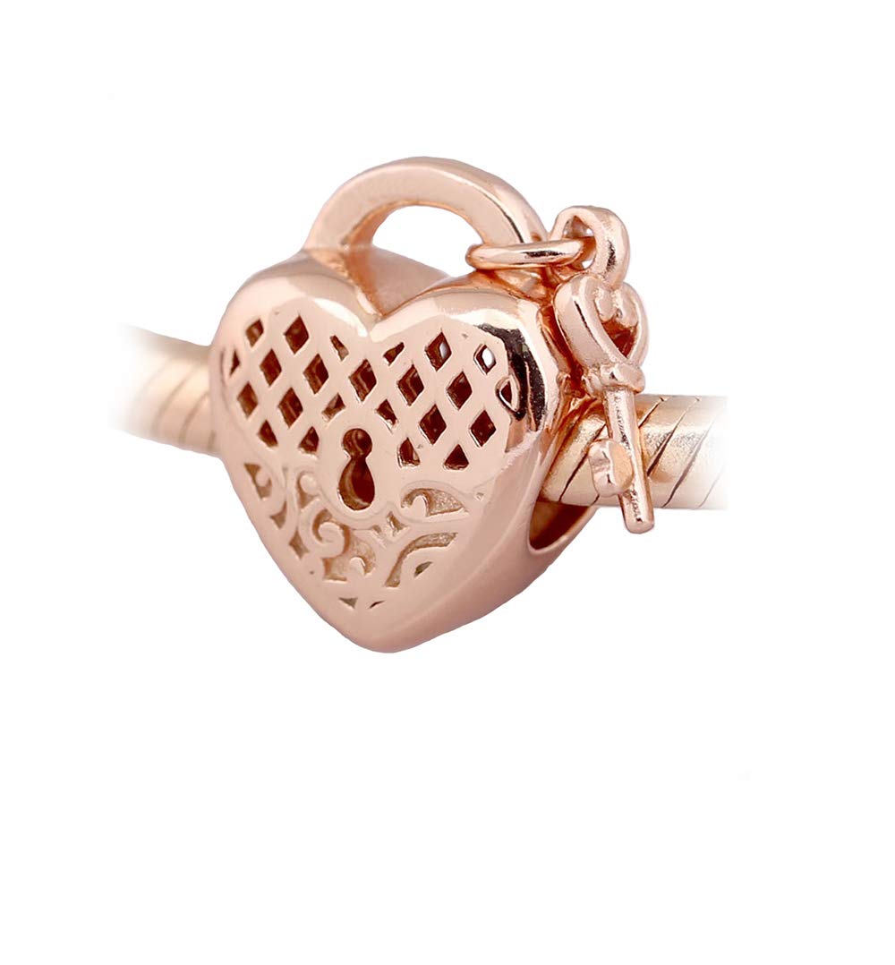 MiniJewelry Love You Lock Heart Charm for Bracelets Necklaces Pendants Key to Heart Sterling Silver Charm Mom Auntie Girlfriend Girls Women Family Birthday Christmas, Rose Gold