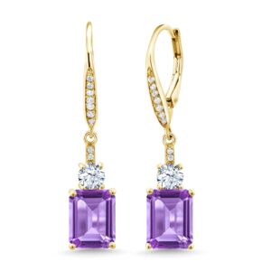 gem stone king 18k yellow gold plated silver purple amethyst dangle earrings for women (5.00 cttw, gemstone february birthstone, emerald cut 9x7mm)