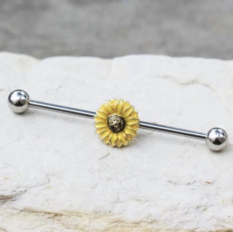 Amelia Fashion 14 Gauge Sunflower Industrial Barbell 316L Surgical Stainelss Steel (Sunflower)