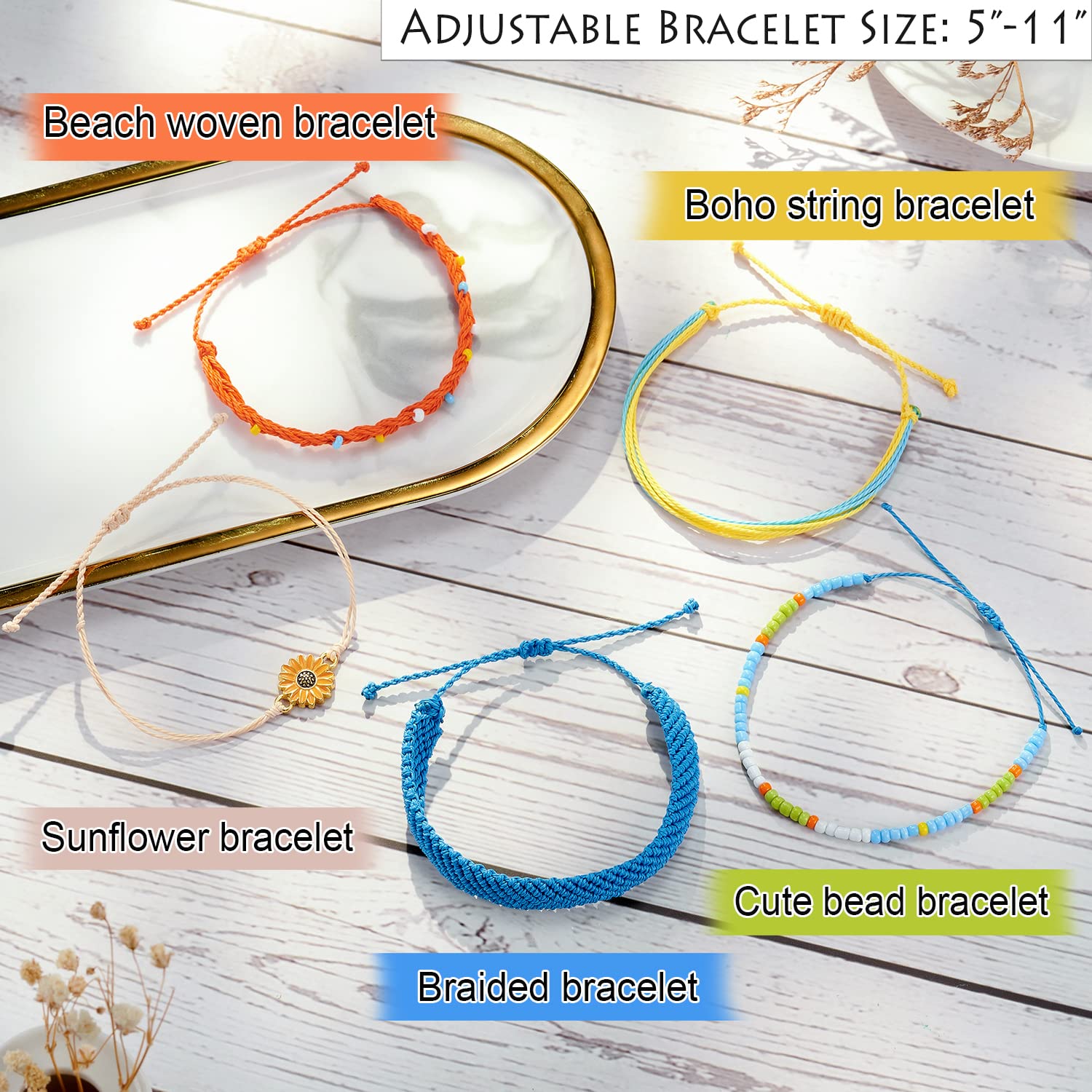 Tarsus Bracelets For Teen Girls, Boho Cute Handmade Flower Daisy Sunflower Braided Woven Friendship Bracelets for Women Stack 5 Bracelet Set Stuff