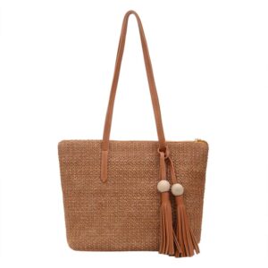 qtkj women summer straw beach bag handwoven big tote leather shoulder bag handbag with beaded tassel decorate (brown)