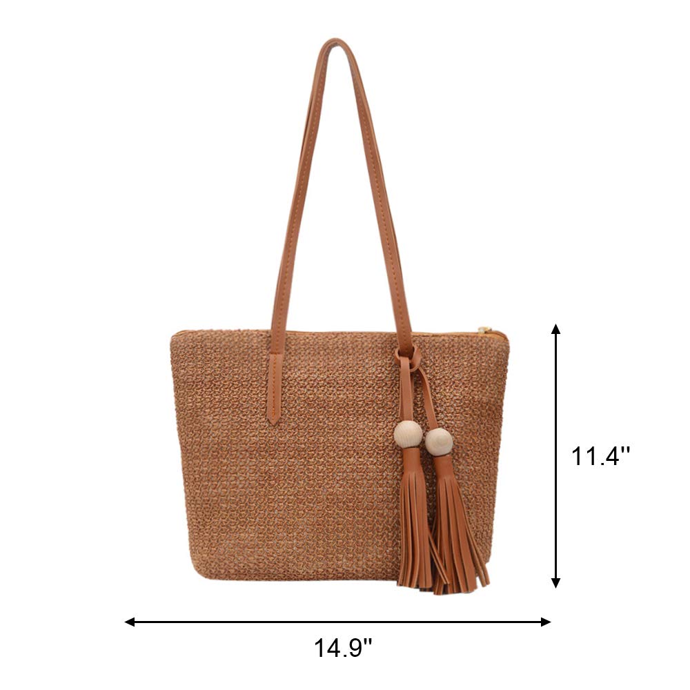 QTKJ Women Summer Straw Beach Bag Handwoven Big Tote Leather Shoulder Bag Handbag with Beaded Tassel Decorate (Brown)