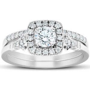 3/4 ct diamond cushion halo engagement ring matching wedding band 14k white gold - size 4