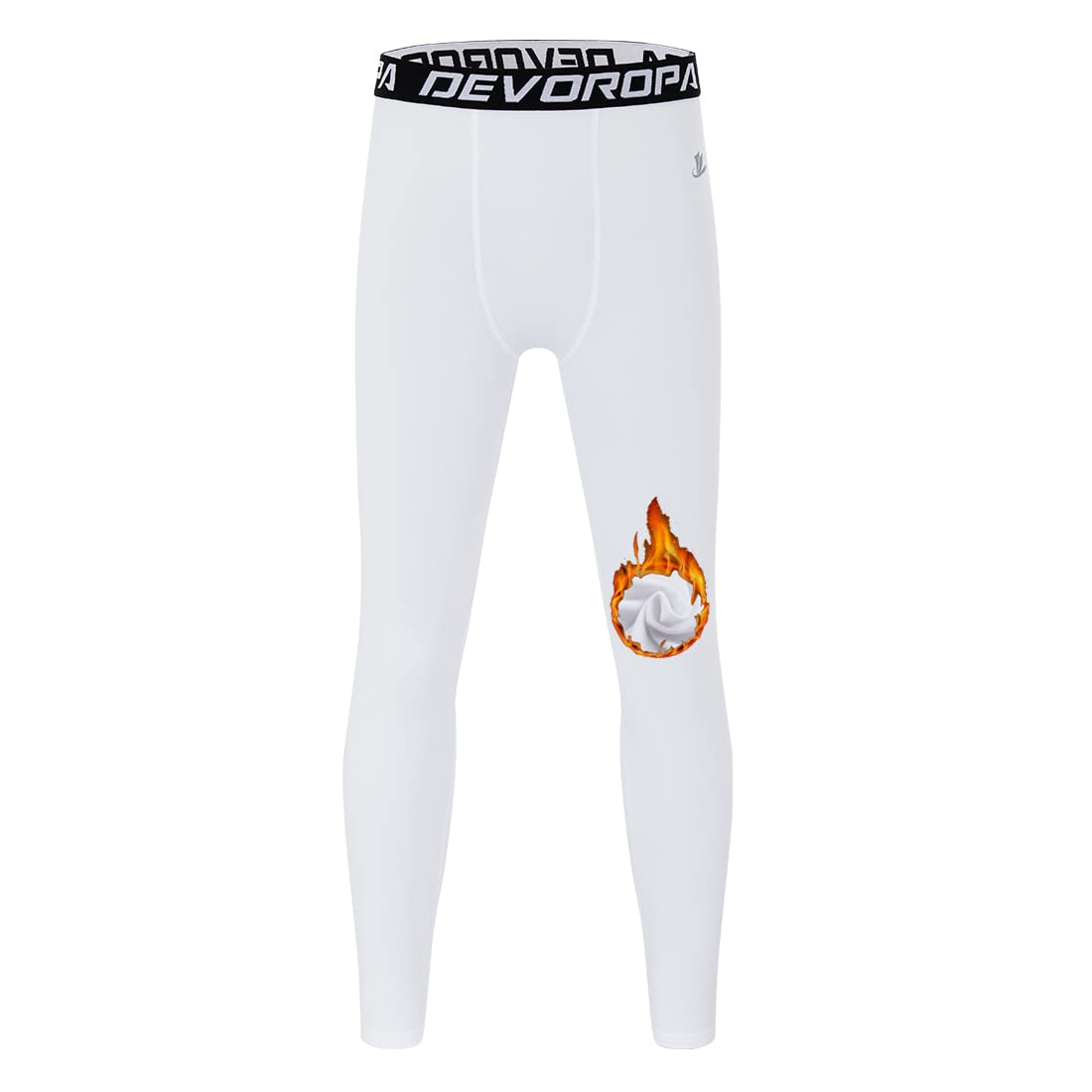 DEVOROPA Youth Boys' Compression Leggings Sports Tights Fleece Lined Thermal Base Layer Pants White L