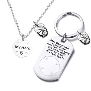 fustmw firefighter gift keychain necklace matching set fireman jewelry gift for firefighter wife, girlfriend, mom, daughter may god protect you from harm (silver)