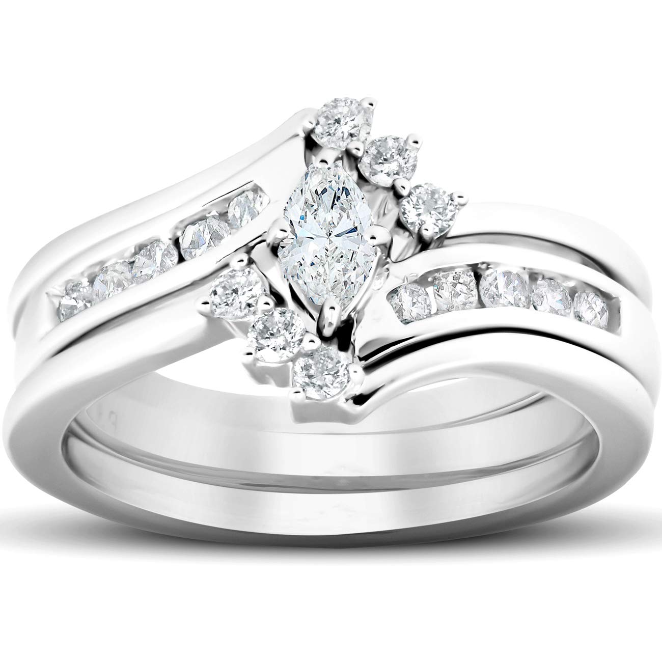 1/2 Ct Marquise Diamond Engagement Trio Wedding Ring Set 10k White Gold - Size 7.5