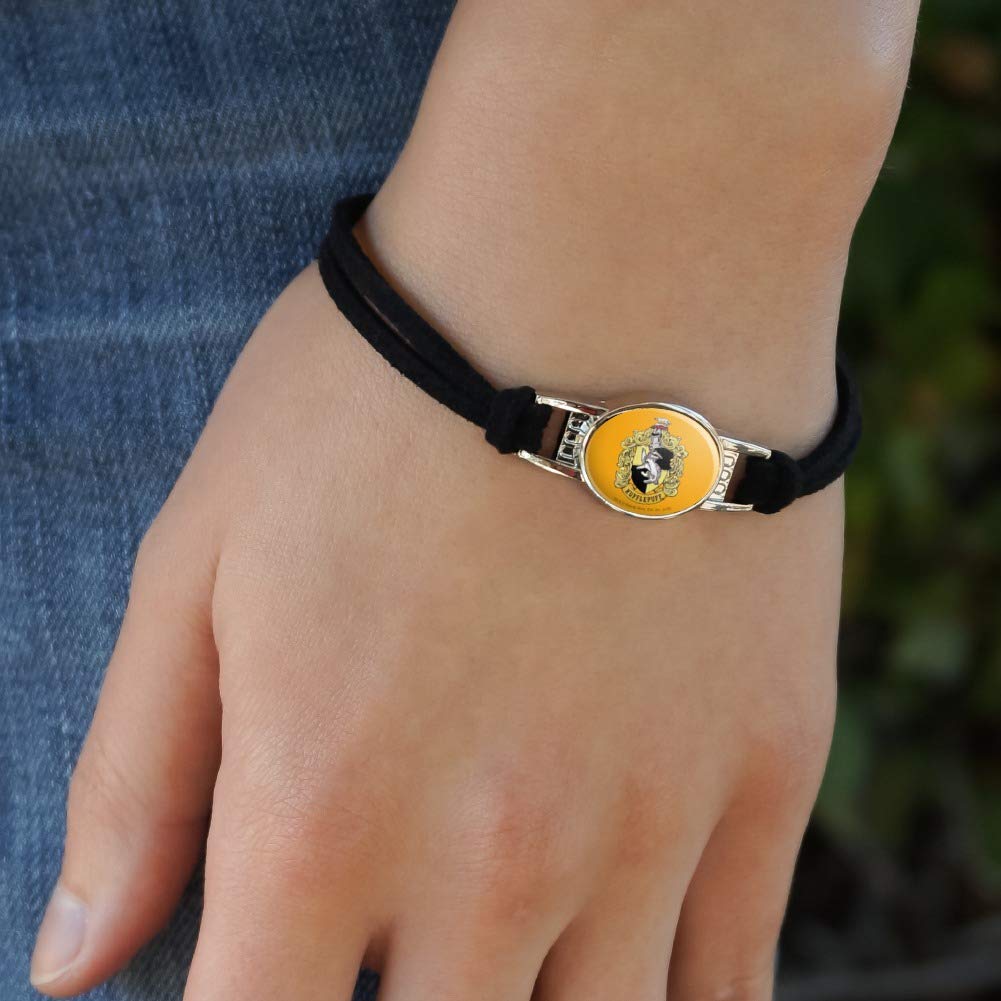 GRAPHICS & MORE Harry Potter Hufflepuff Painted Crest Novelty Suede Leather Metal Bracelet - Black