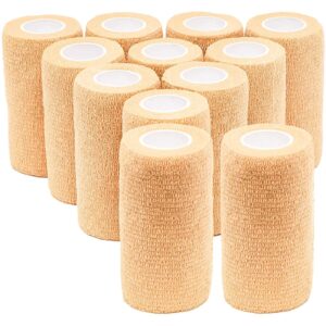 juvale 12 rolls self adhesive bandage wraps, 4 inch x 5 yards cohesive vet tape for first aid (tan)