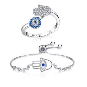 evbea evil eye bracelet and ring set evil eye ring cubic zirconia adjustable open hamsa ring for ring size 6-8