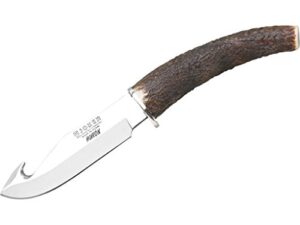 joker "huron skinning knife cc74, 4.3 inch mova blade, deer pole handle, stainless steel cross, with brown leather sheath, fishing tool, hunting, camping and hiking.