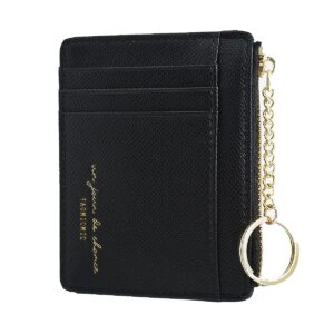 prometheism women slim leather card case holder small wallet cute coin purse girl mini wallet with keychain (black)